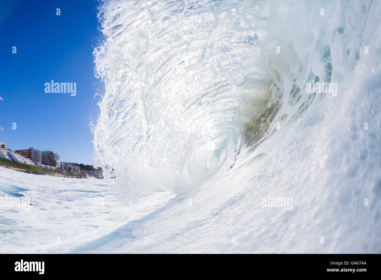 Blue ocean wave swimming inside closeup encounter face to face of ...