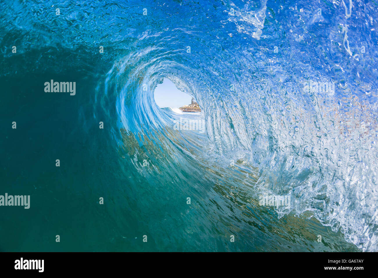 Blue ocean wave swimming inside closeup encounter face to face of ...