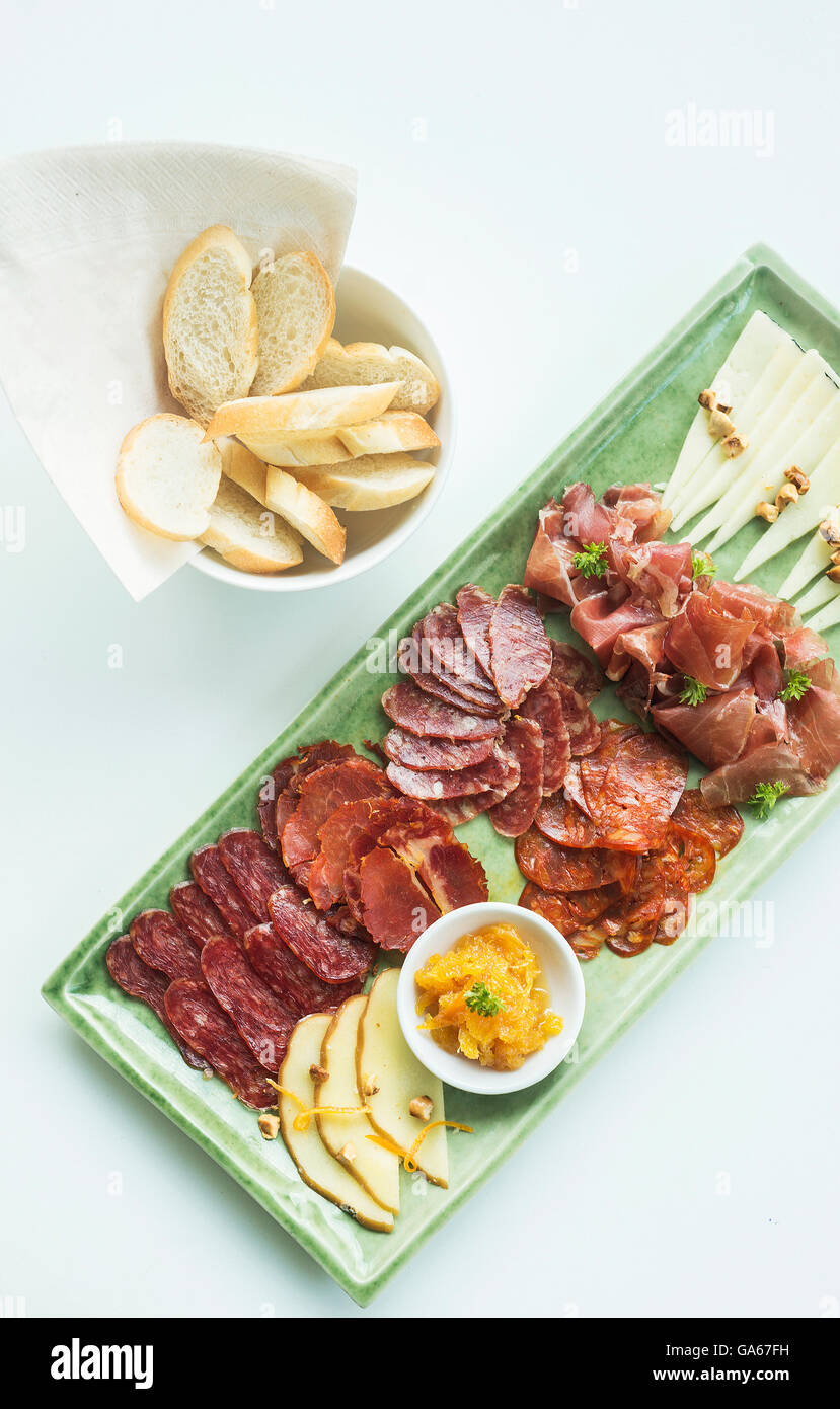 spanish serrano ham chorizo sausage and cheese tapas snack platter ...