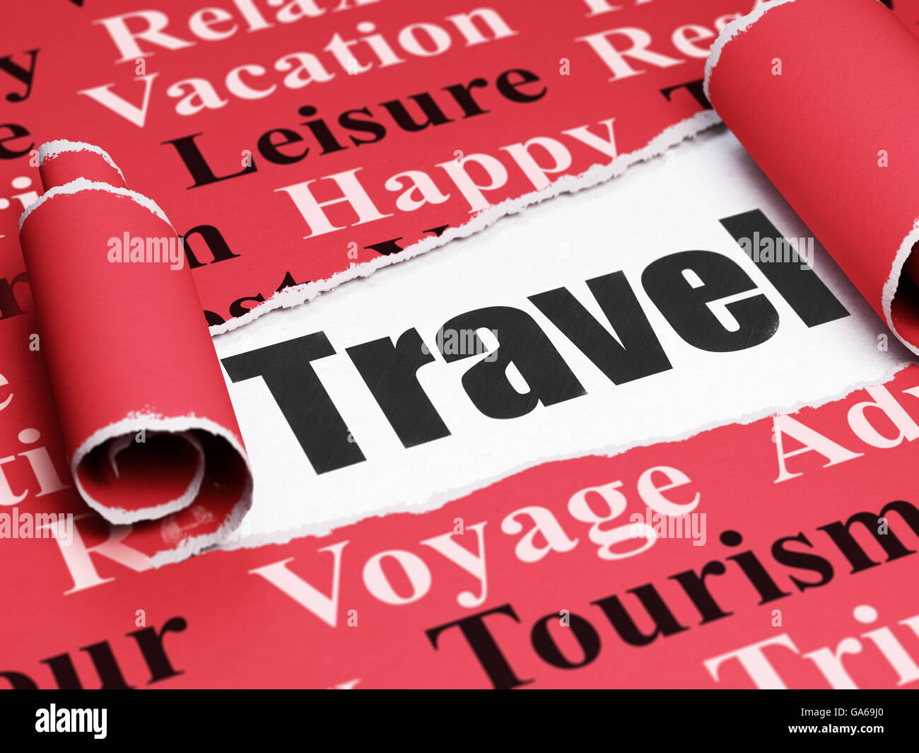 Vacation concept: black text Travel under the piece of torn paper Stock ...