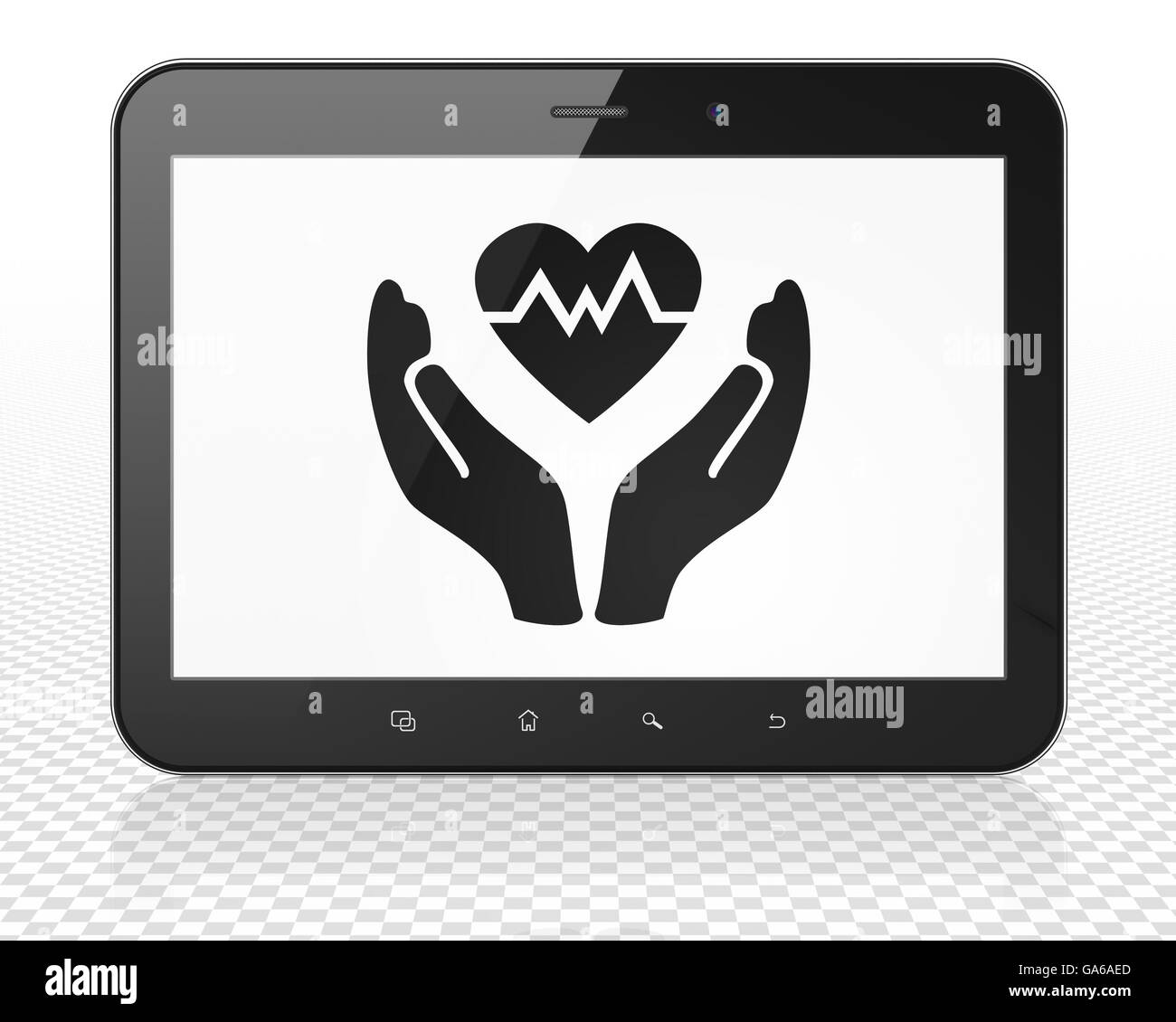 Insurance concept: Tablet Pc Computer with Heart And Palm on display ...