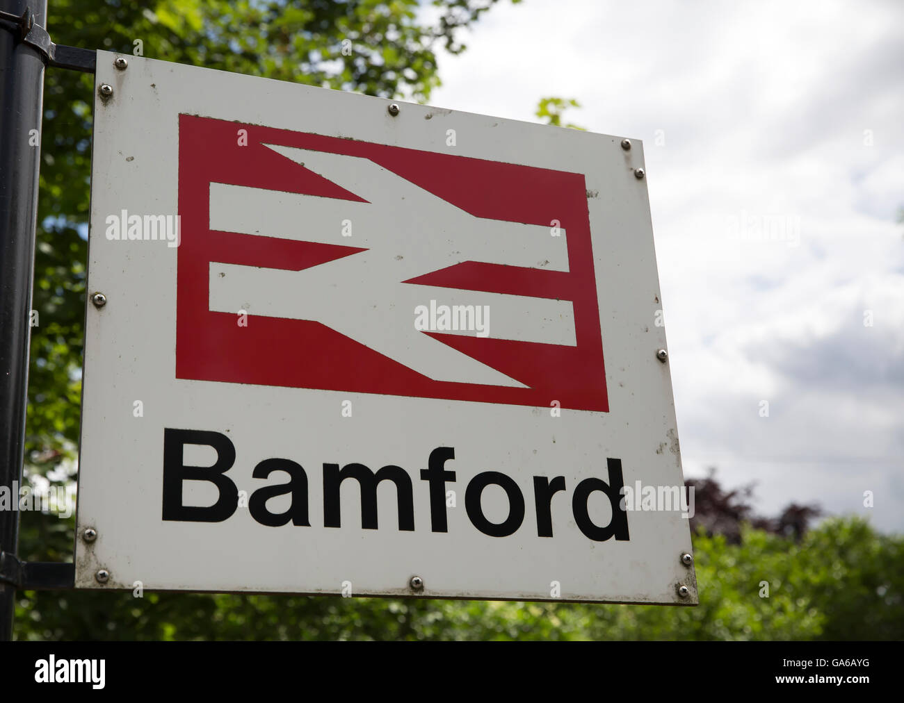 Old British Rail Railway station sign in Bamford Derbyshire Stock Photo ...