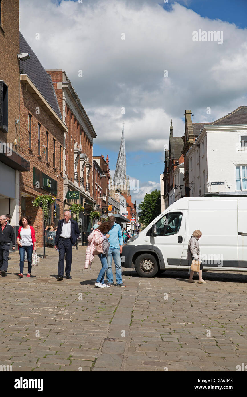 A view of the main street in Chesterfield with the crooked spire in the ...
