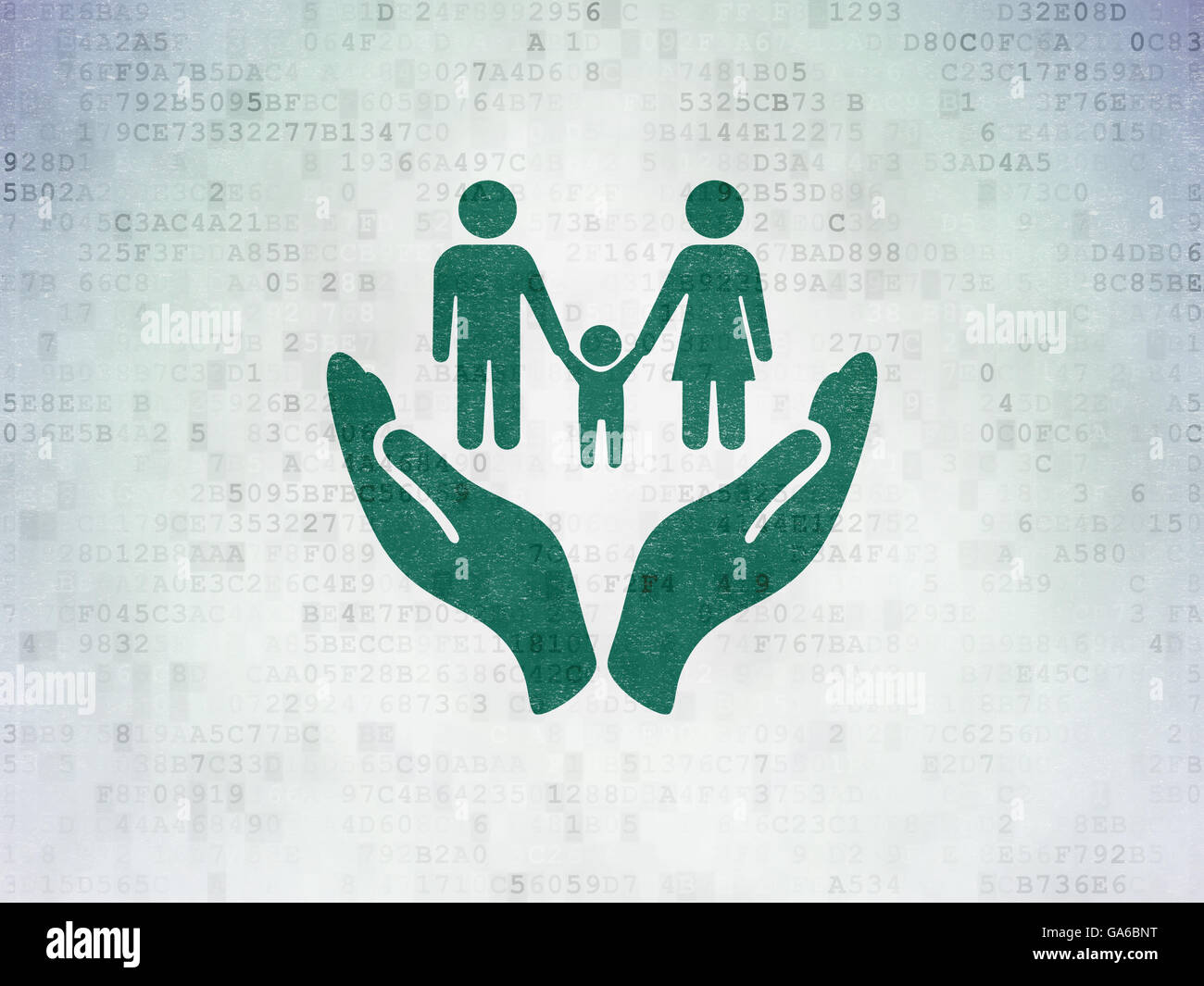 Insurance concept: Family And Palm on Digital Data Paper background ...