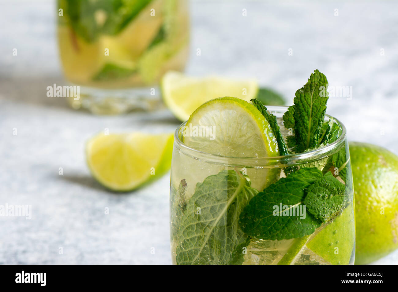 mojito cocktail with rum, lime and soda, garnished with mint Stock ...