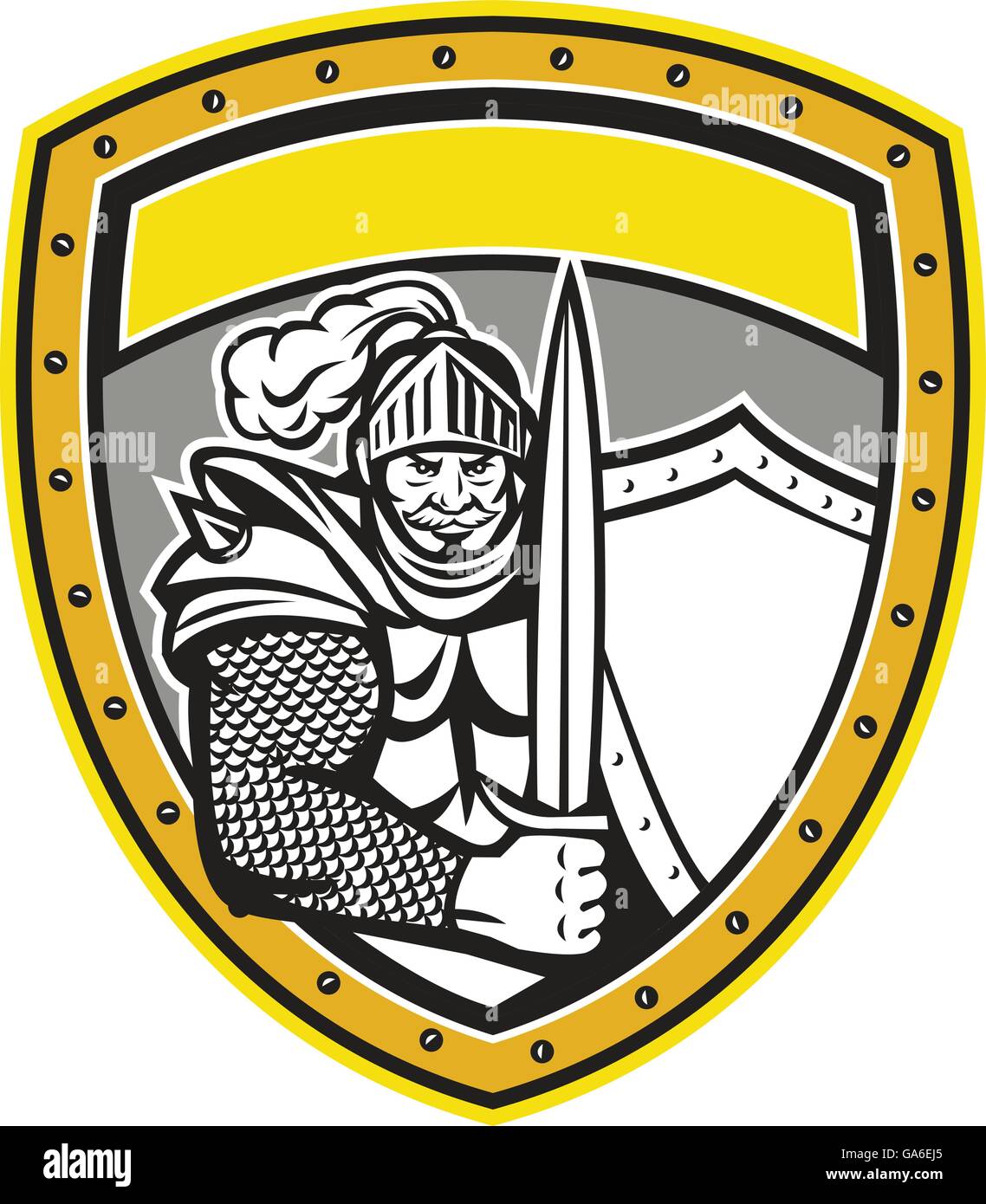 Illustration of a knight in full armor with open visor holding sword ...