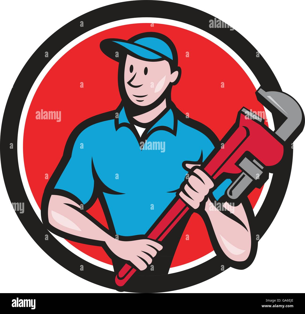 Illustration of a plumber in overalls and hat standing looking to the ...