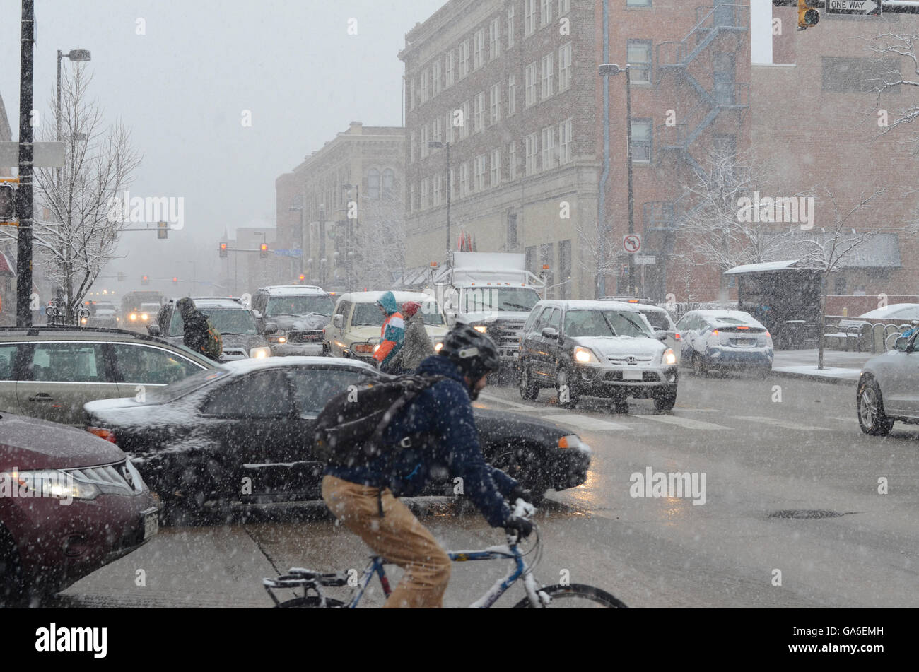 Snow and slush storm in Downtown Boulder Stock Photo - Alamy