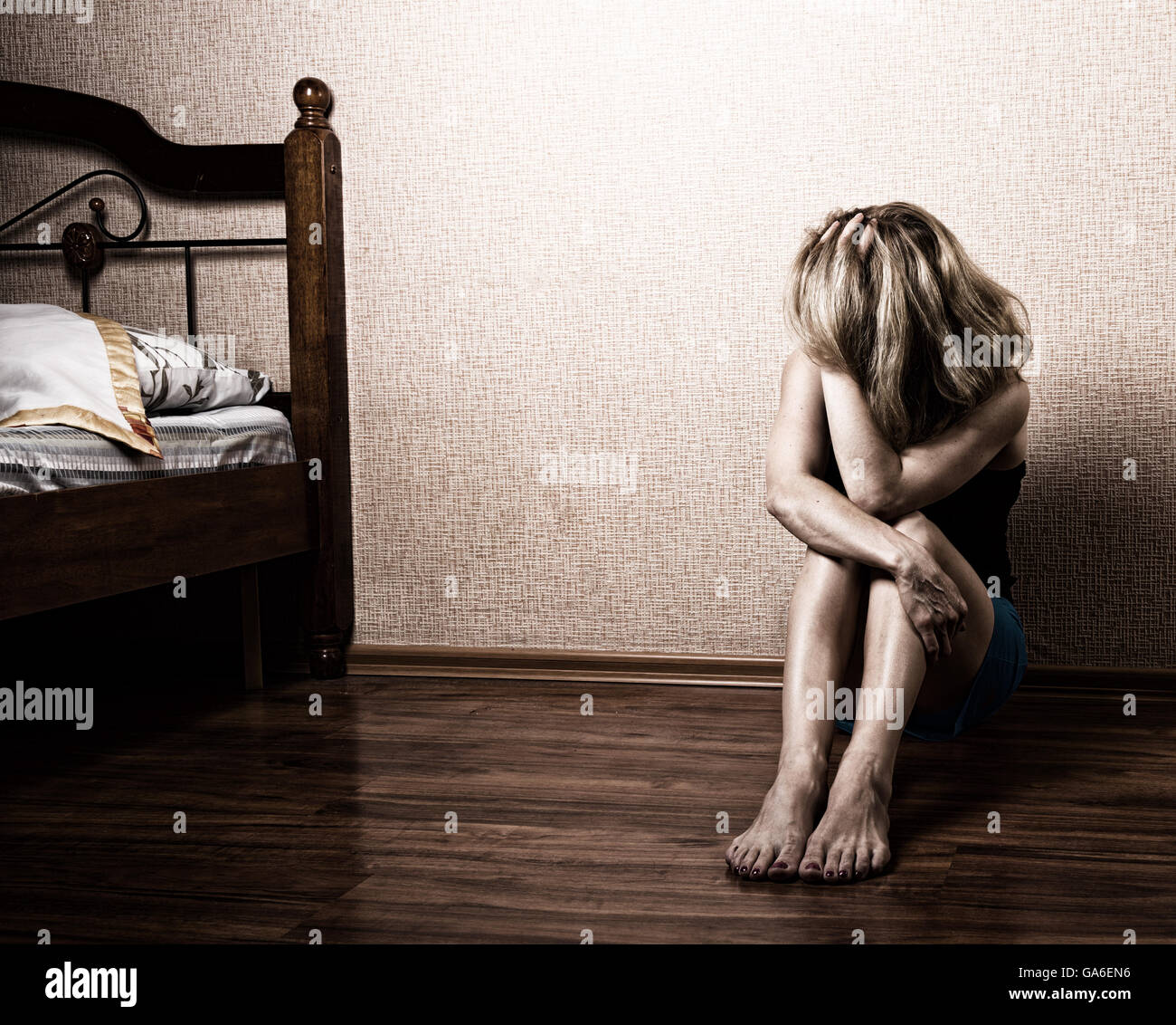 Scared Woman Alone Dark Room Stock Photos & Scared Woman Alone Dark ...