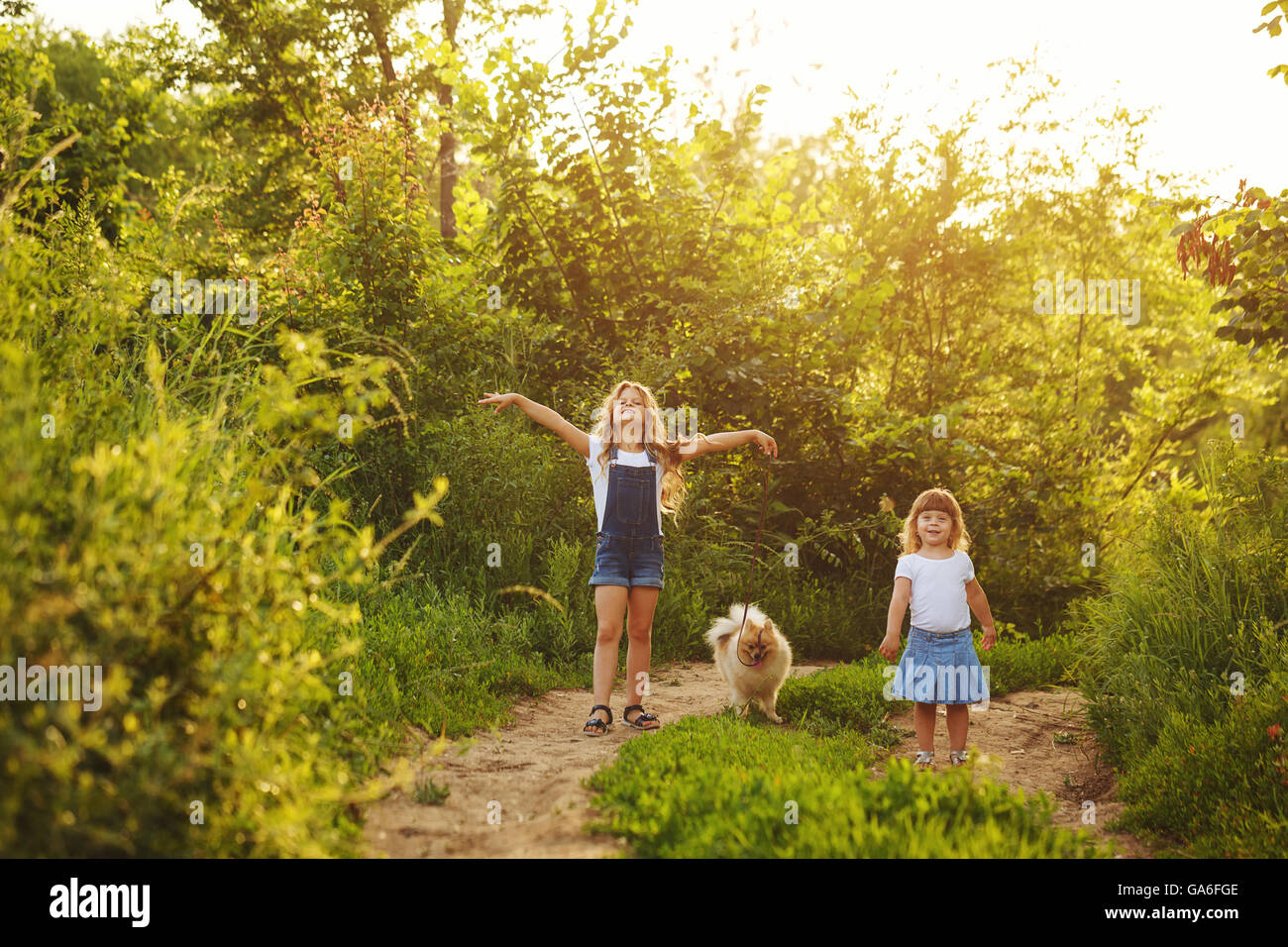 Little sisters and pet. Girls and dog strolling along the road in the ...