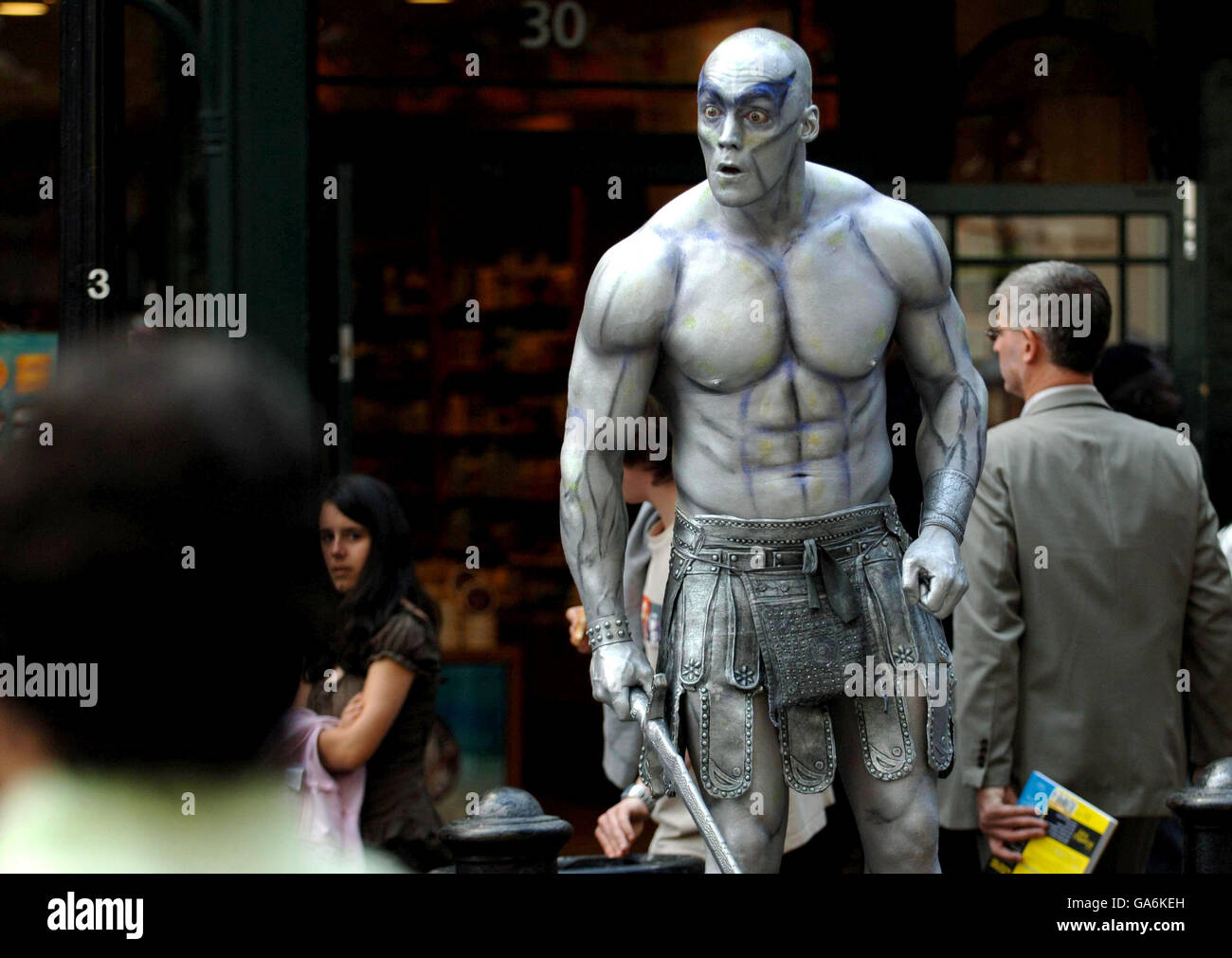 General view of a silver gladiator street performer in Covent Garden ...