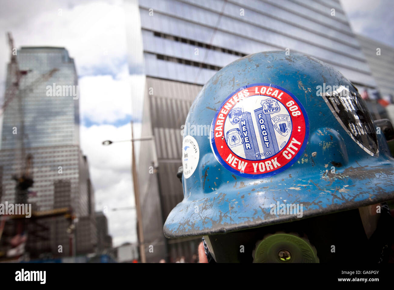 Union sticker on a worker's helmet at the Ground Zero construction site ...