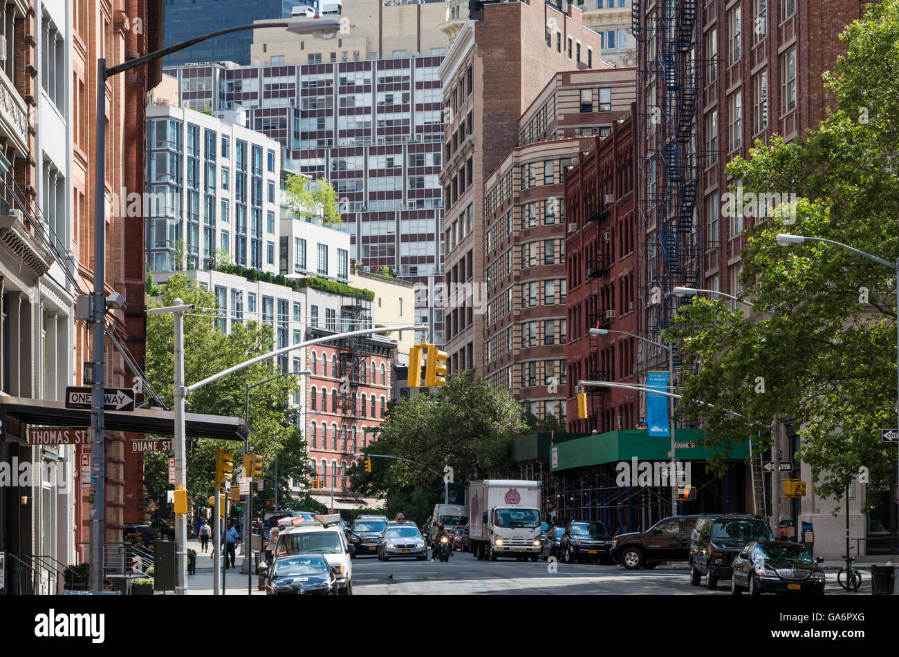 Street view along Hudson Street, Tribeca, with contrasting old and new ...