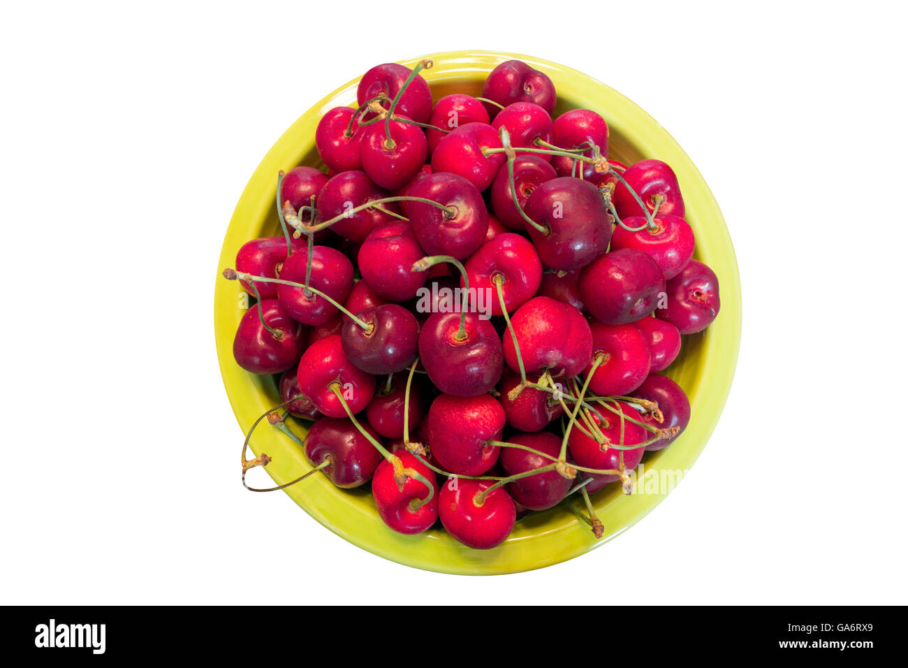 Top View of Pile of Bing Cherries in Green Bowl Isolated on white ...