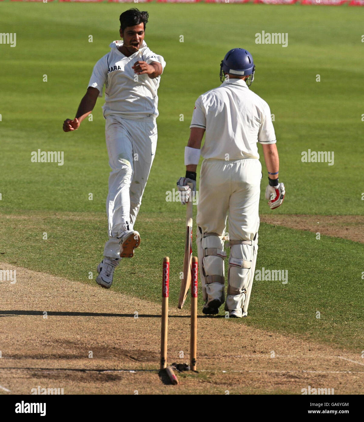 India bowler R.P Singh celebrates after clean bowling middle stump of ...
