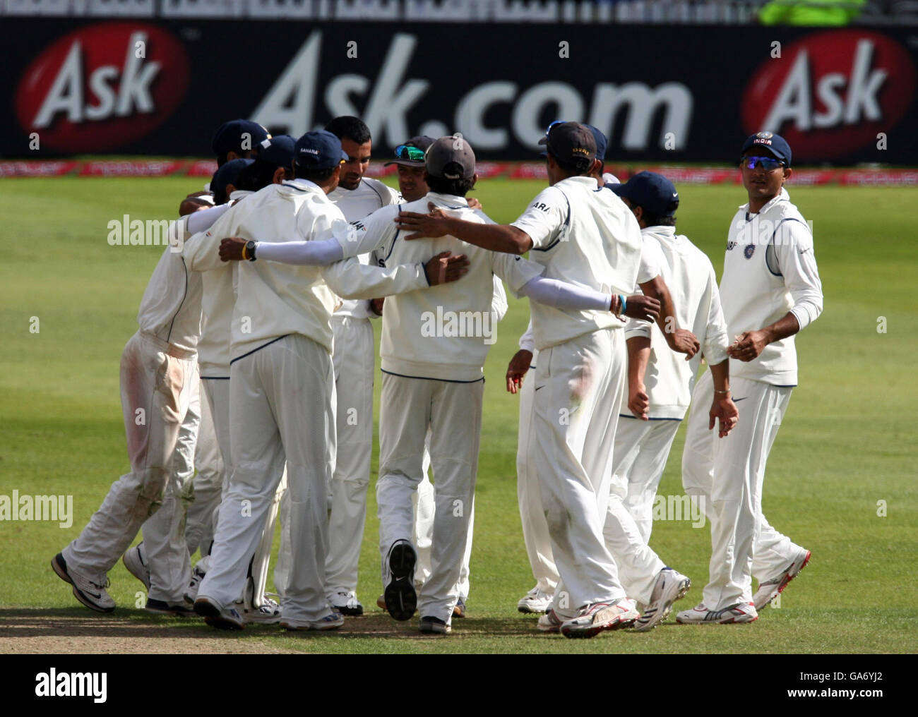 India captain Rahul Dravid (centre) gathers his players together during ...