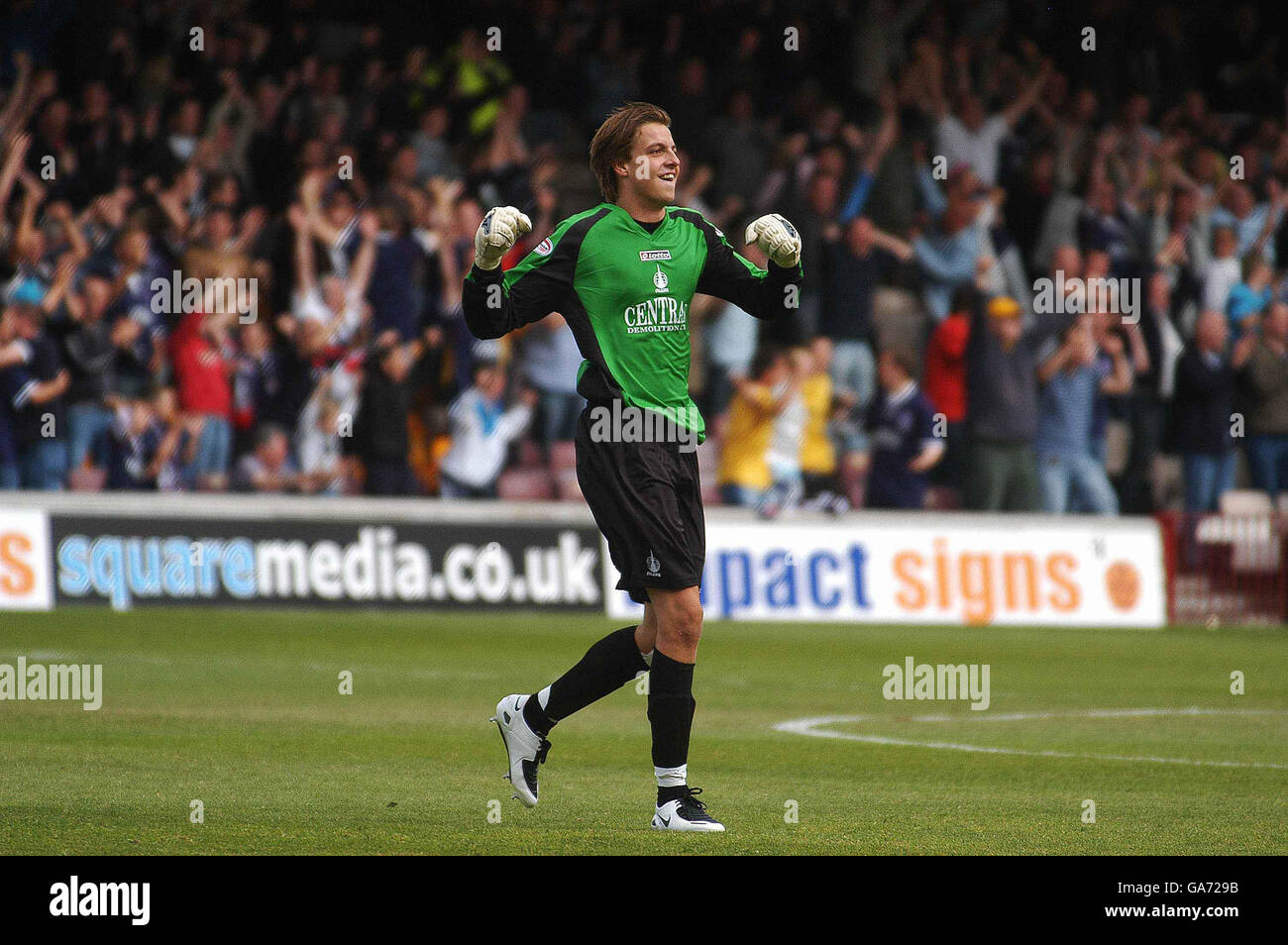 Falkirk goalkeeper Tim Krull celebrates the fourth goal against Gretna ...