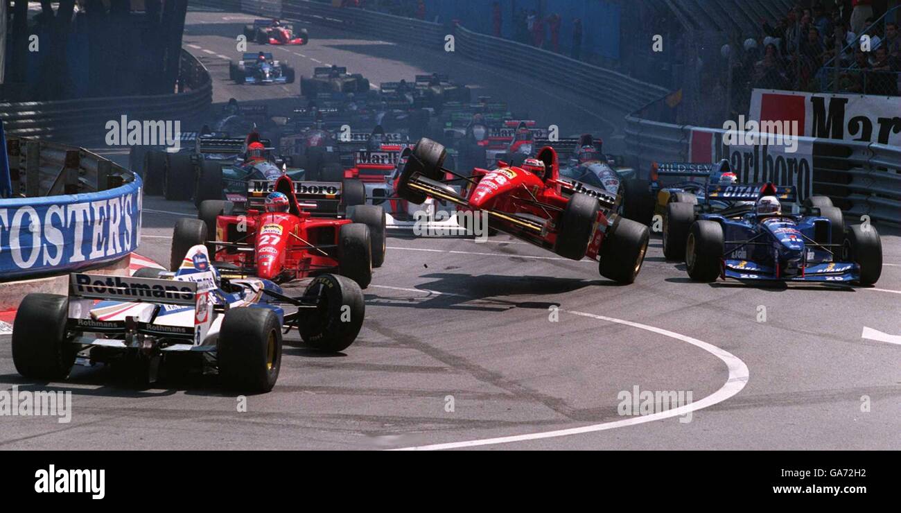 28-MAY-95, Monaco Grand Prix, Gerhard Berger's car is lifted off the ...