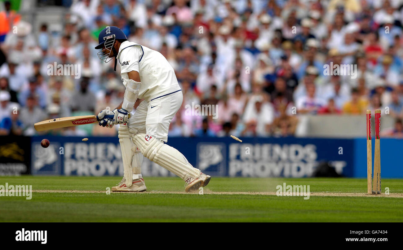 India's Rahul Dravid is bowled off James Anderson's bowling during the ...