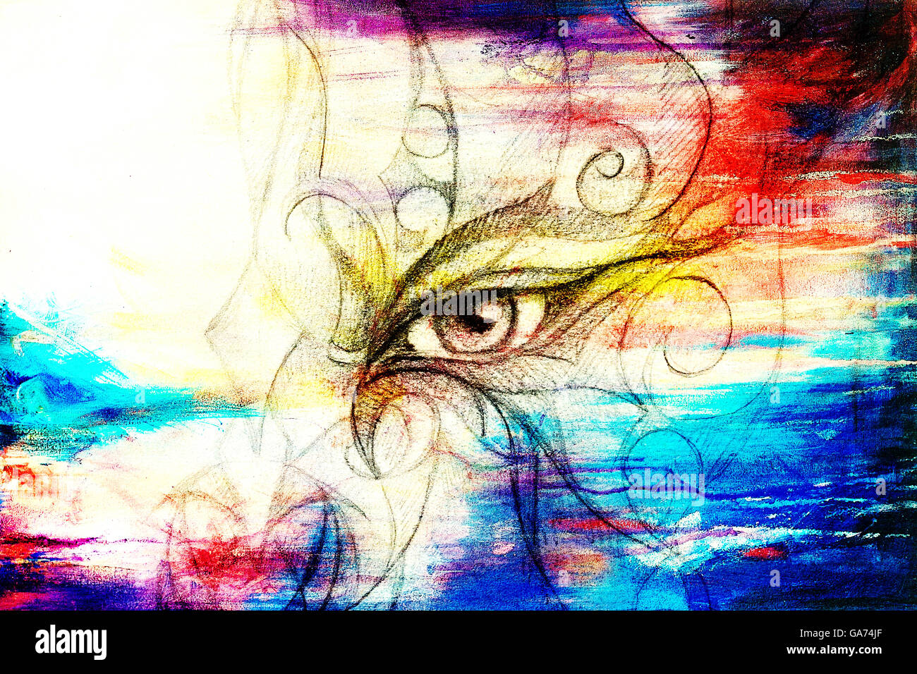 mystic eye with floral ornament. Drawing on paper, Color effect. Eye ...
