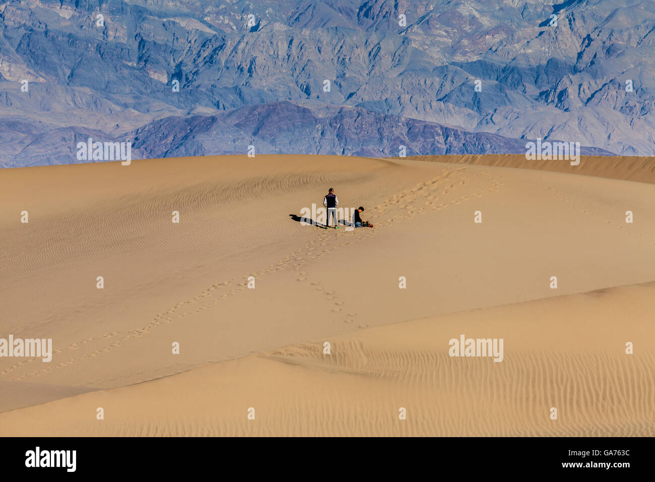 Two men on top of a sand dune at Mesquite Sand dunes in Death Valley ...