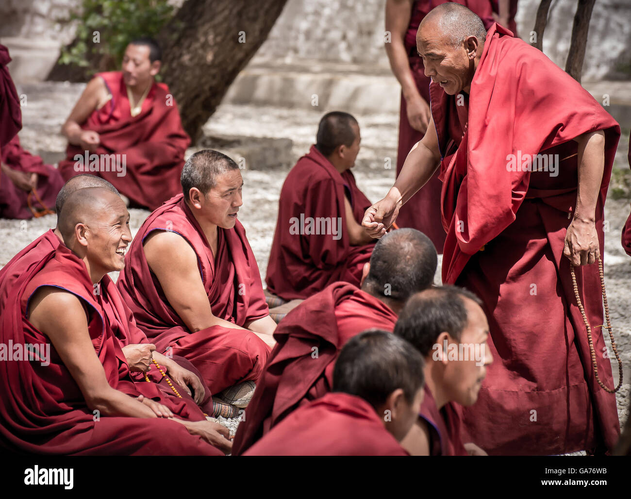 A senior monk challenges his fellow monks to debate Stock Photo - Alamy
