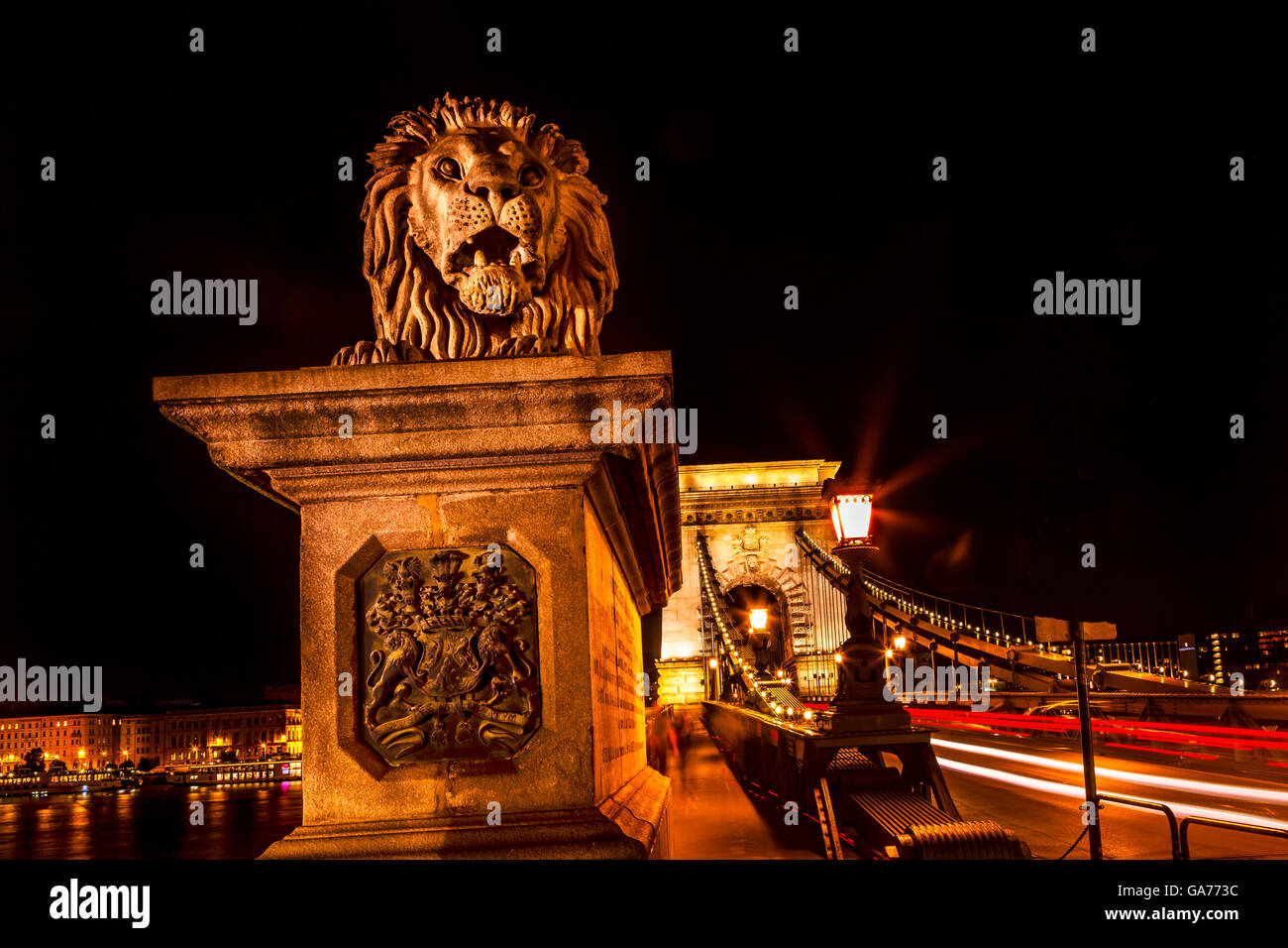 Chain Bridge Lion Danube River Budapest Hungary. Chain Bridge was built ...