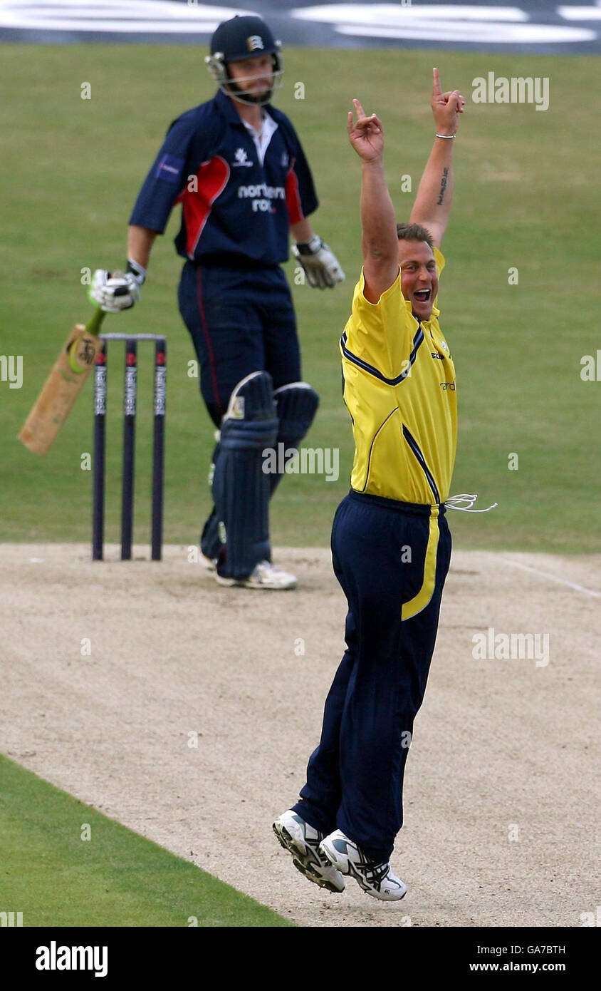 Yorkshire's Darren Gough celebrates after trapping Middlesex's Ed Joyce ...