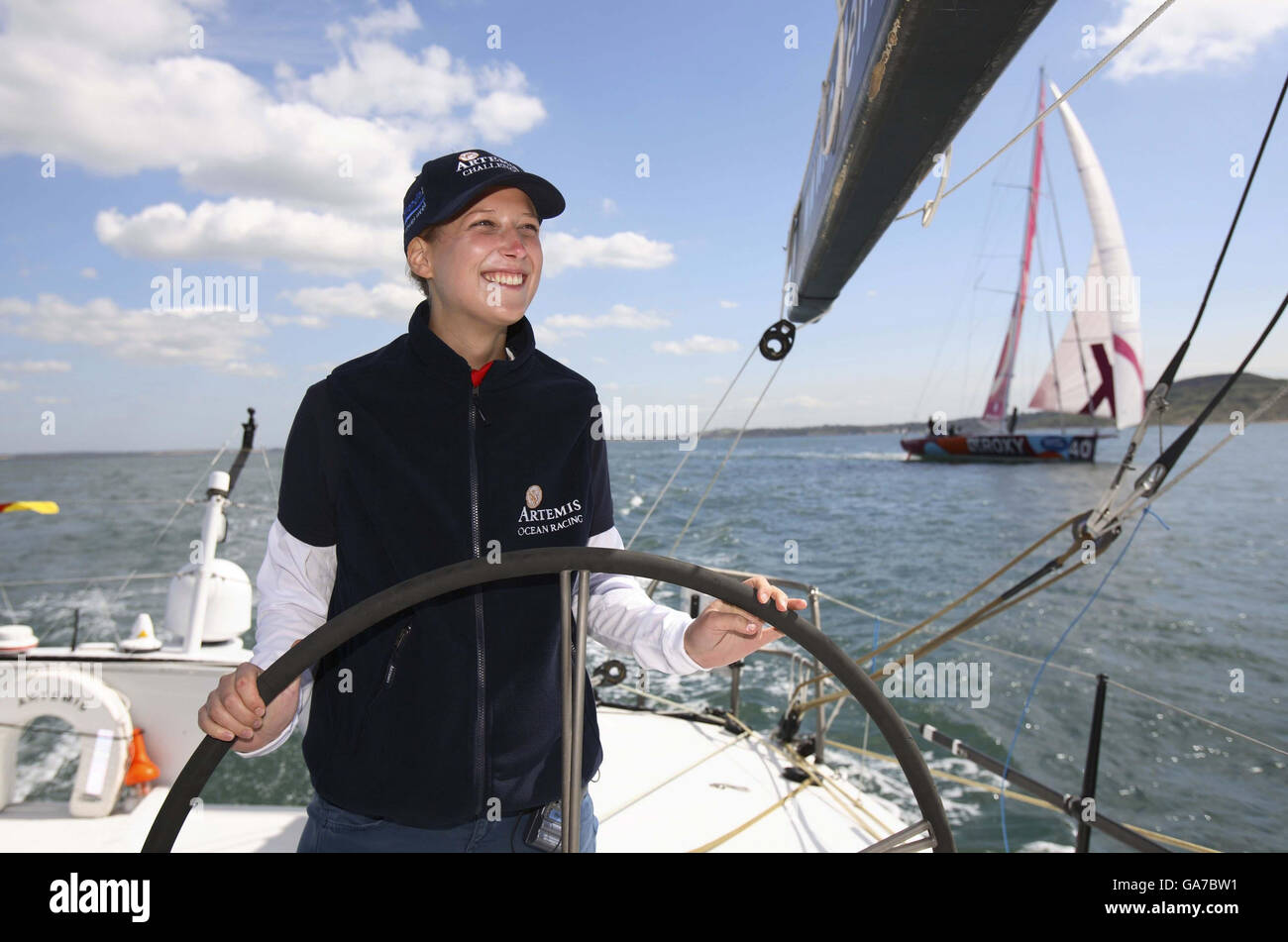 Lady Gabriella Windsor aboard the Open 60 yacht Artemis during the ...