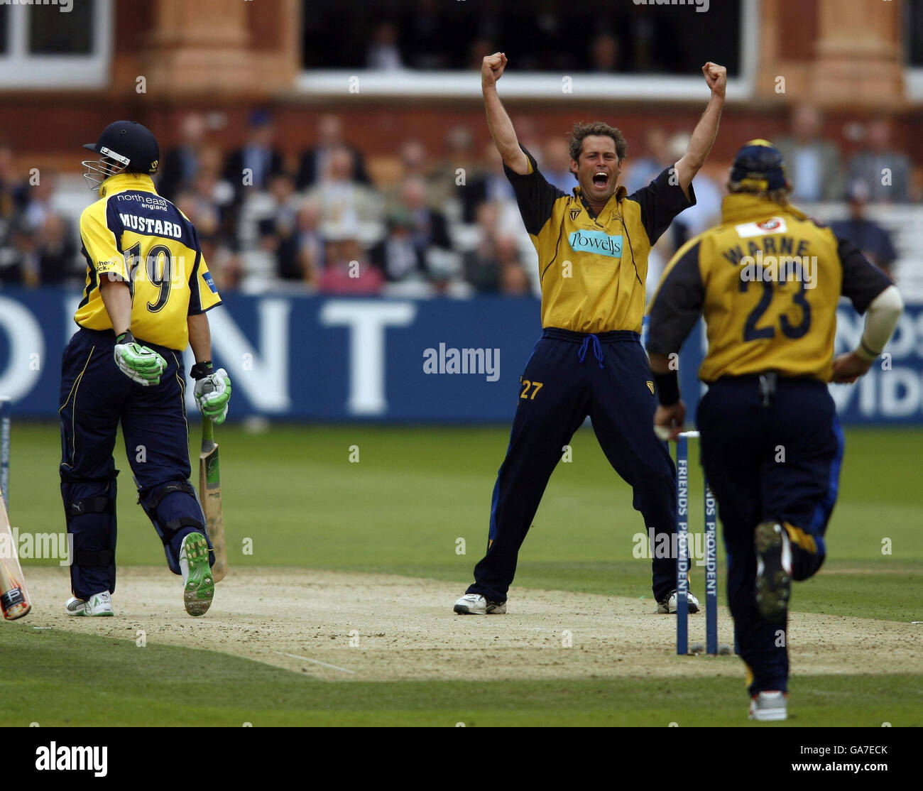 Hampshire's James Bruce celebrates getting Durham's Philip Mustard out ...