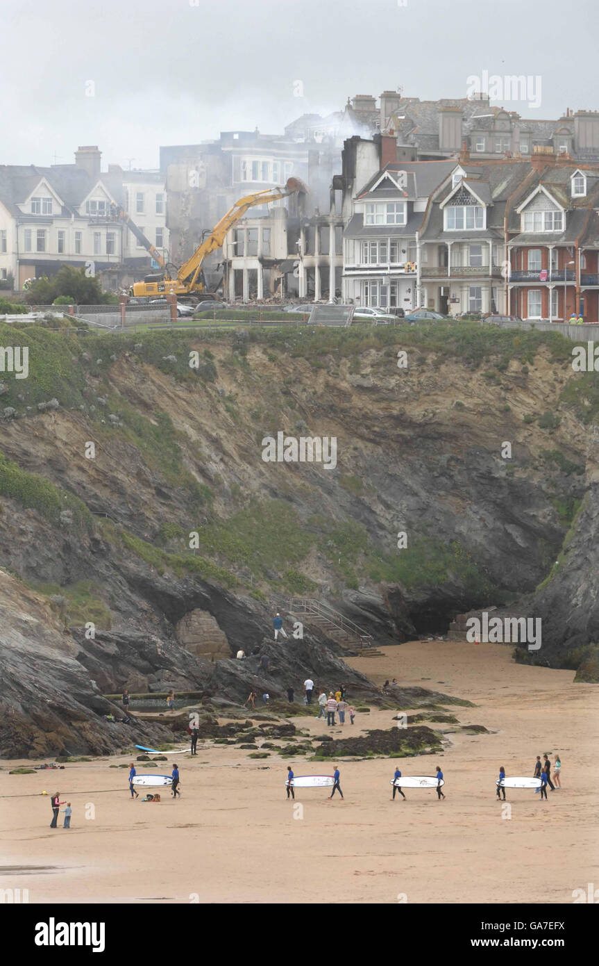 Unsafe walls are demolished at the Penhallow Hotel in Newquay, Cornwall ...