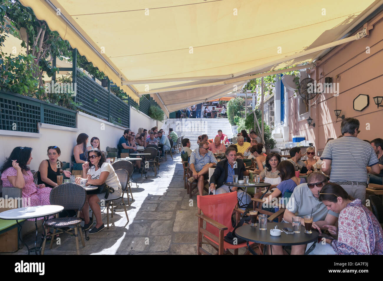Athens, Greece 13 September 2015. Beautiful Plaka coffee shops serving ...