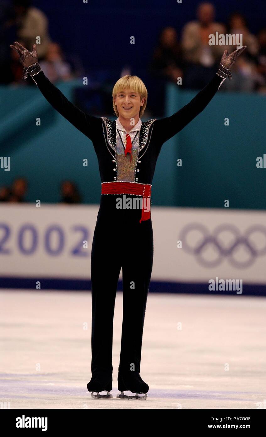Russia's Evgeni Plushenko celebrates winning the silver medal Stock ...