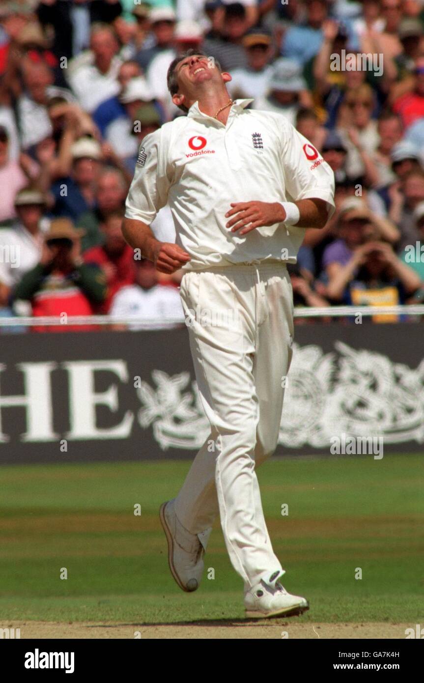 England's Andrew Caddick looks to the heavens after a good ball goes ...