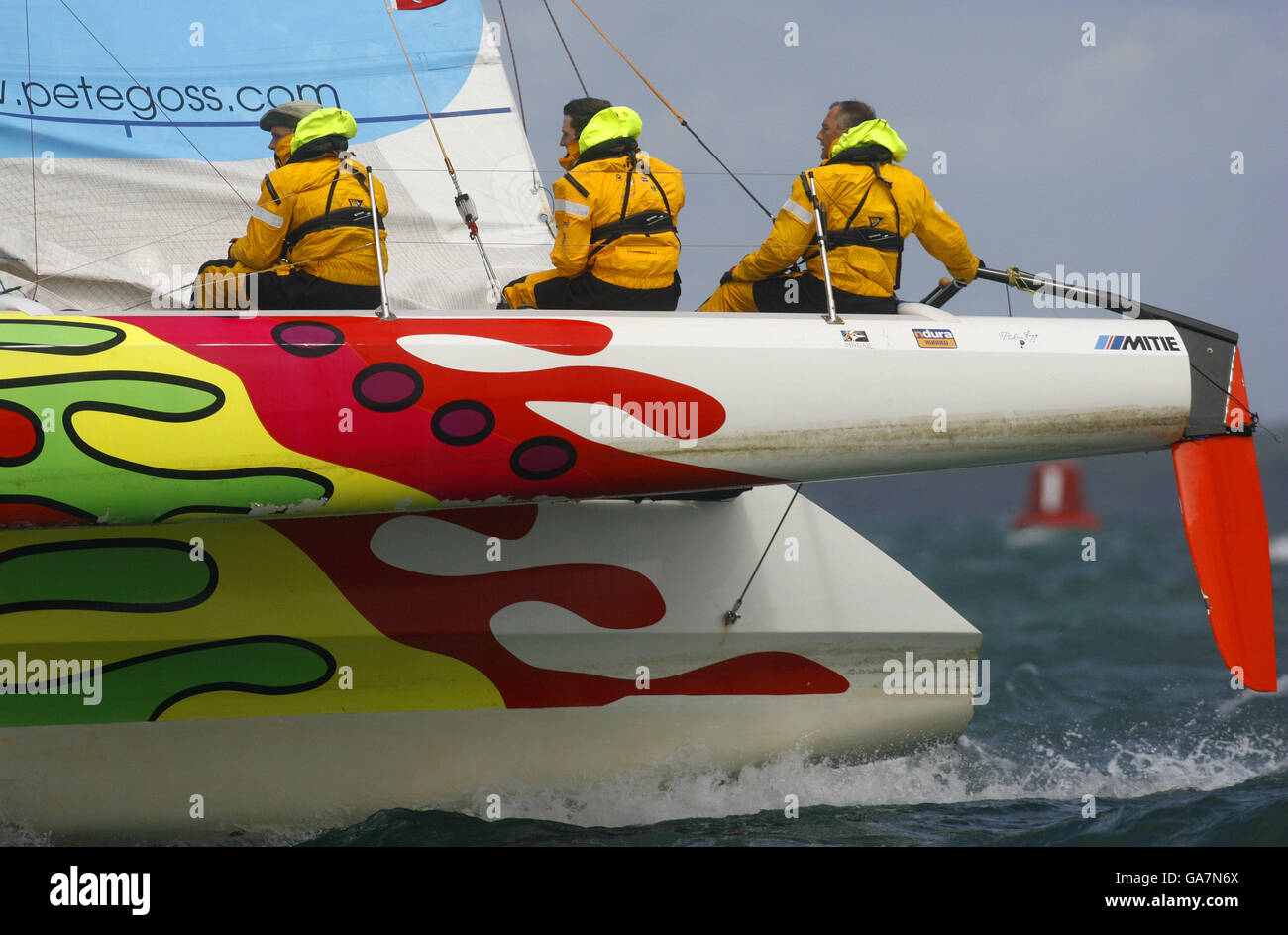 British sailor Pete Goss (right) aboard his Sea Cart 30 triamaran at ...