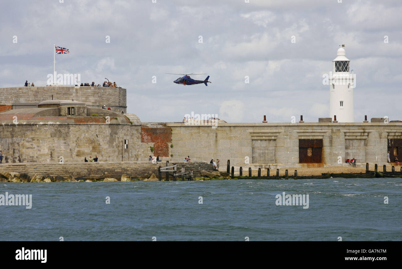 General view of Hurst Castle and the light house on the peninsular at ...