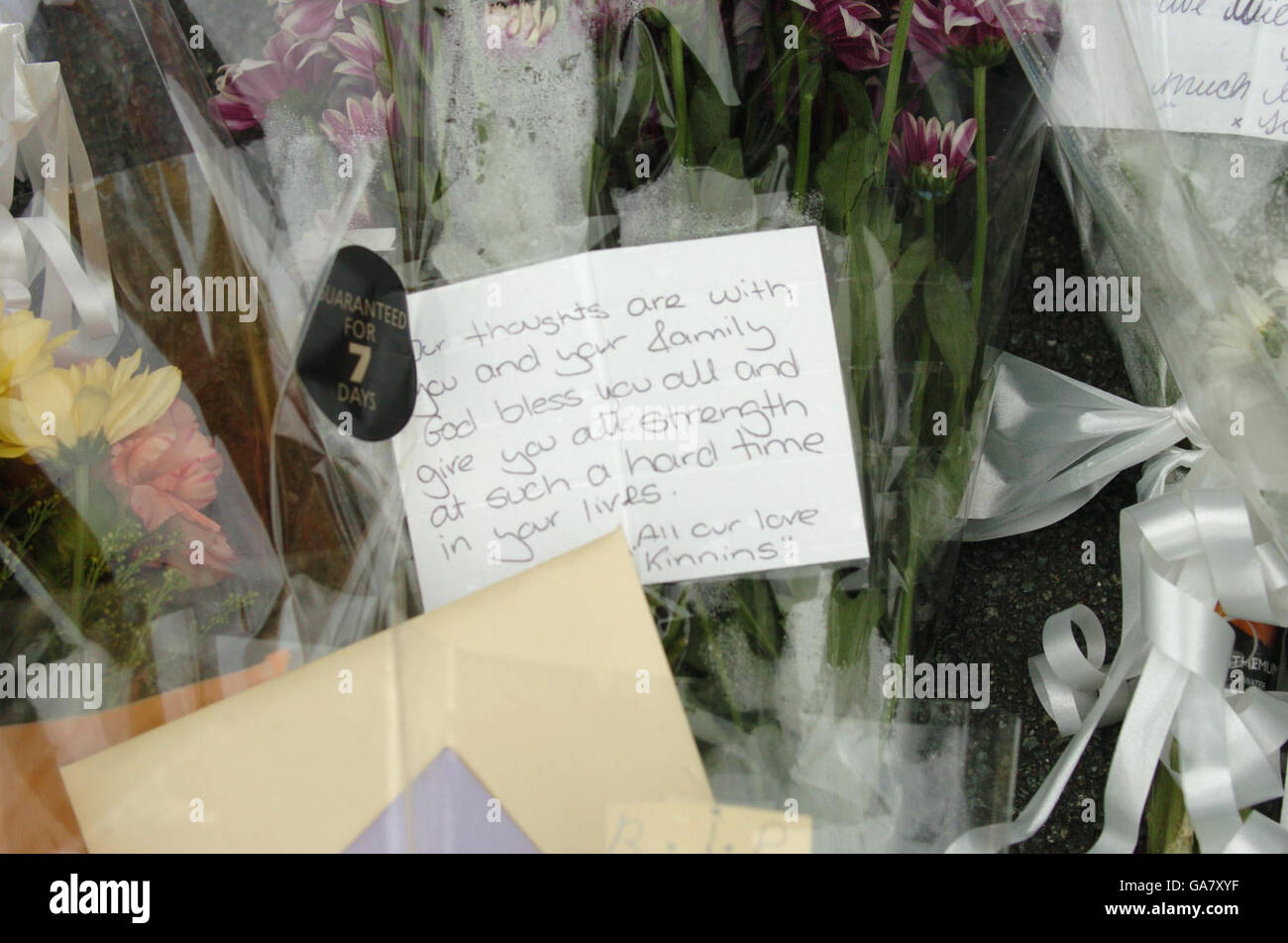Flowers laid outside the Fir Tree pub, Croxteth Park, in memory of ...