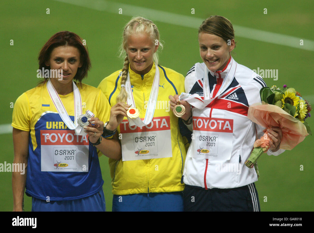 Medal winners of the Heptathlon L-R: Silver Medalist Ukraine's Lyudmila ...