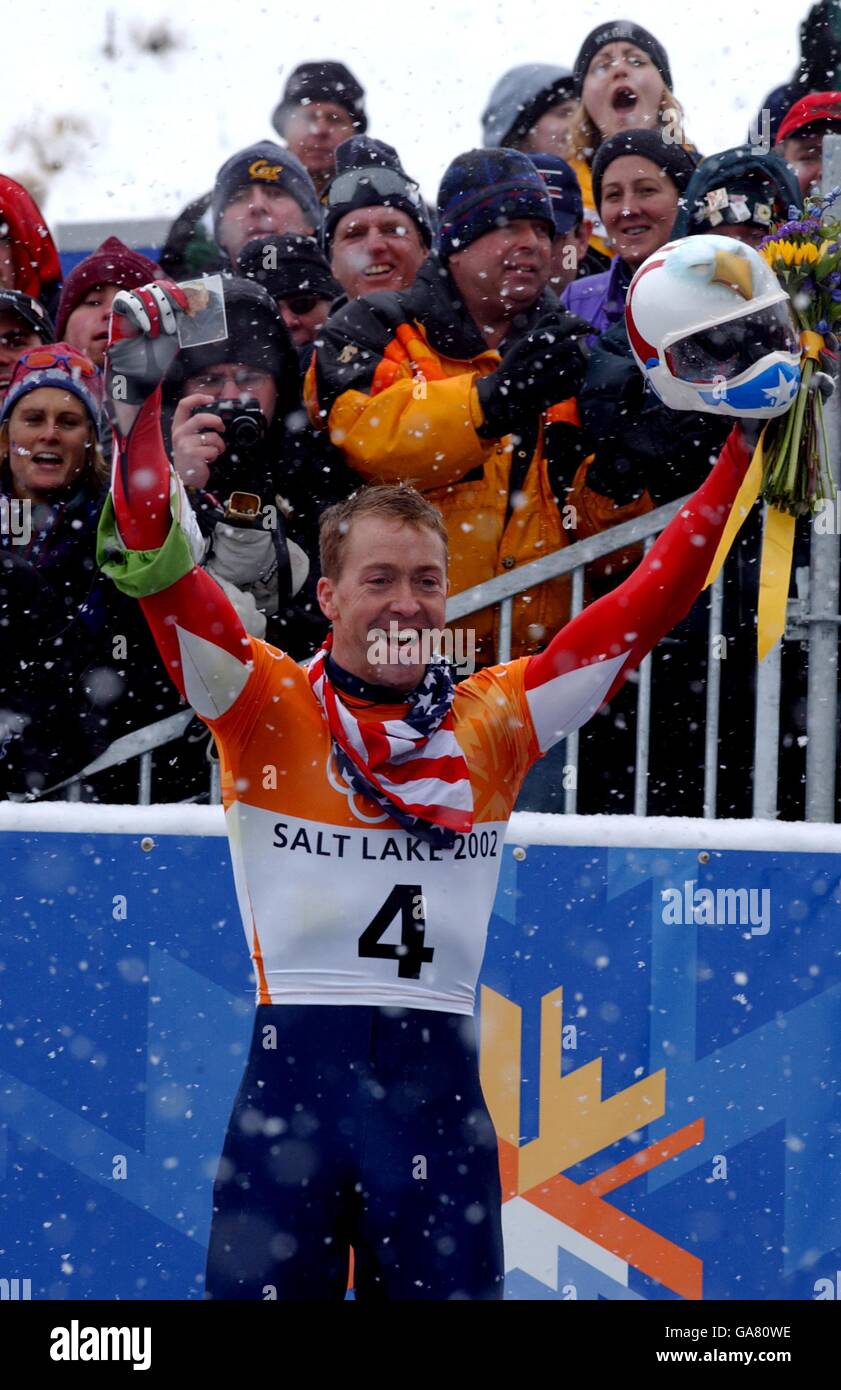 Usas jim shea celebrates winning the gold medal hi-res stock ...