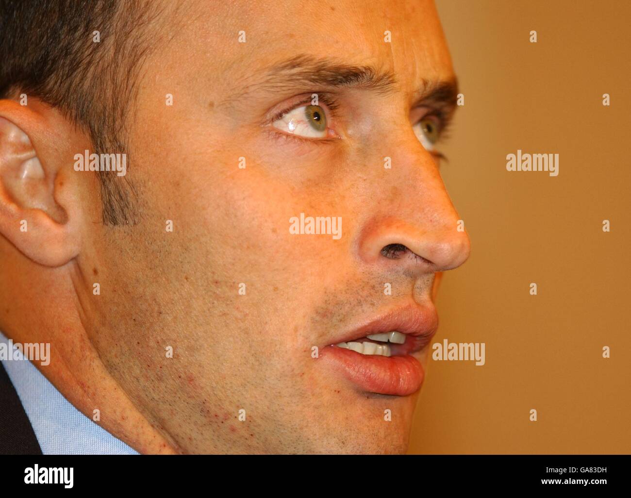 Englands cricket captain Nasser Hussain speaks to media, prior to his ...