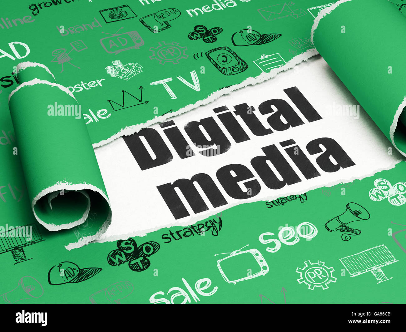 Advertising concept: black text Digital Media under the piece of torn ...