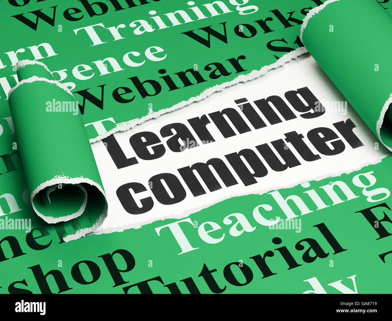 Learning concept: black text Learning Computer under the piece of torn ...
