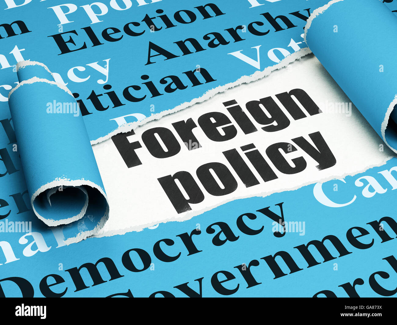 Political concept: black text Foreign Policy under the piece of torn ...