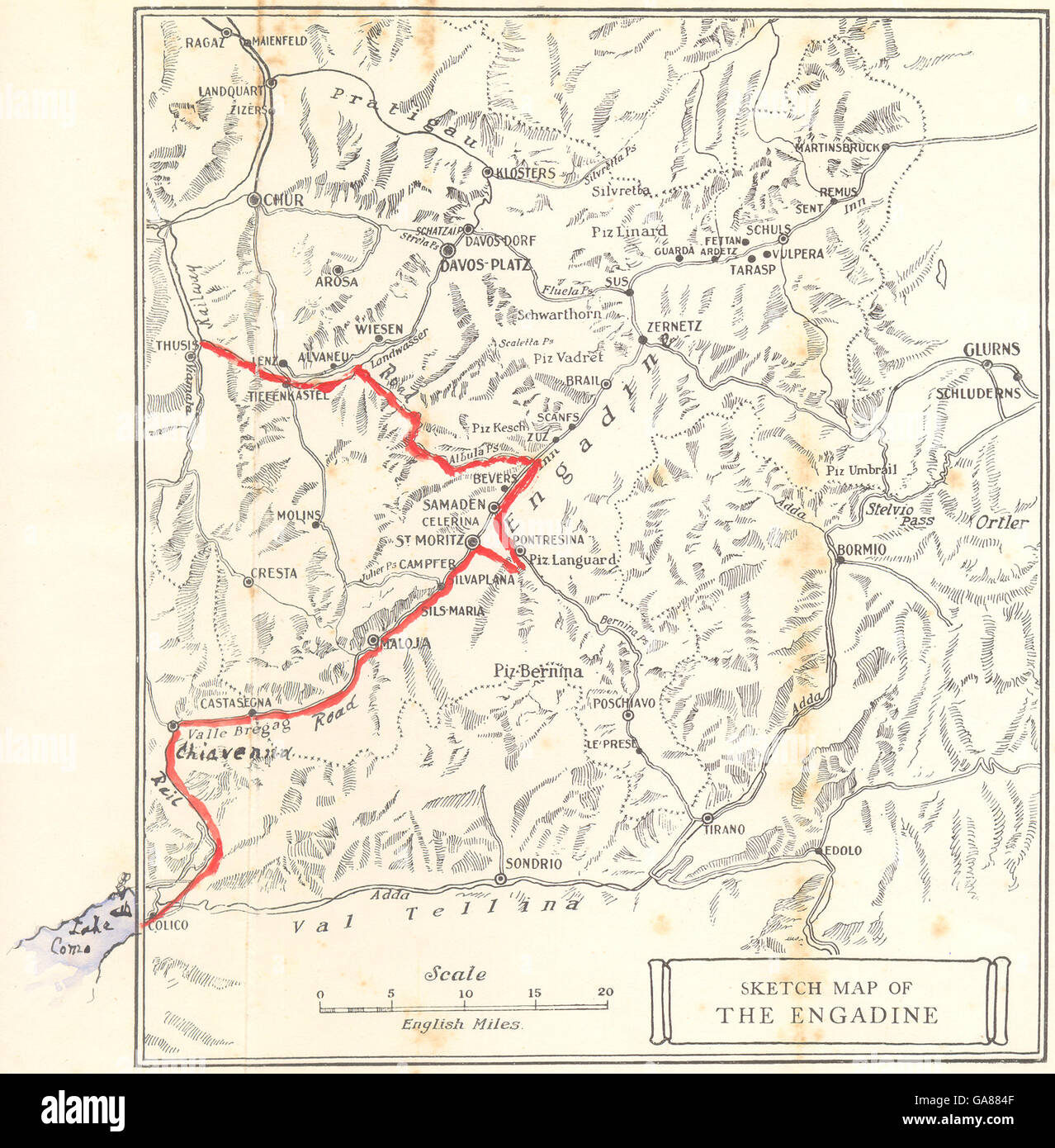 SWITZERLAND: Sketch map of The Engadin, 1907 Stock Photo - Alamy