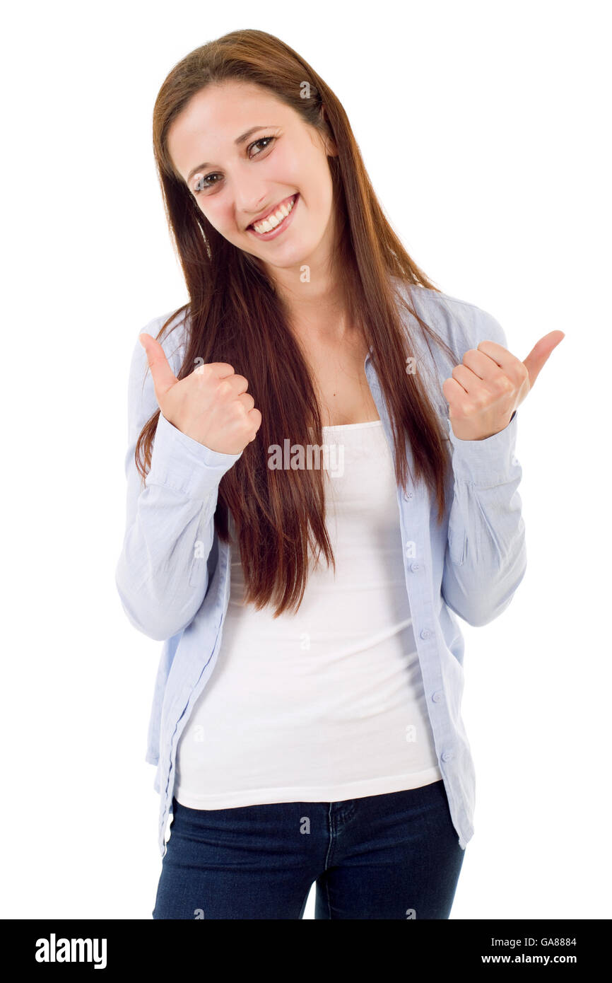 Portrait of cute teen girl showing thumbs up, isolated on white ...