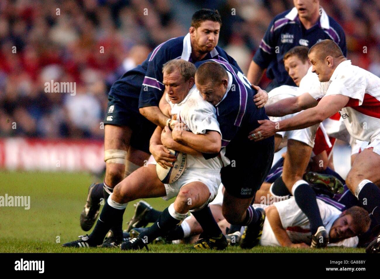 England's Neil Back is tackled by Scotland's Scott Murray Stock Photo ...