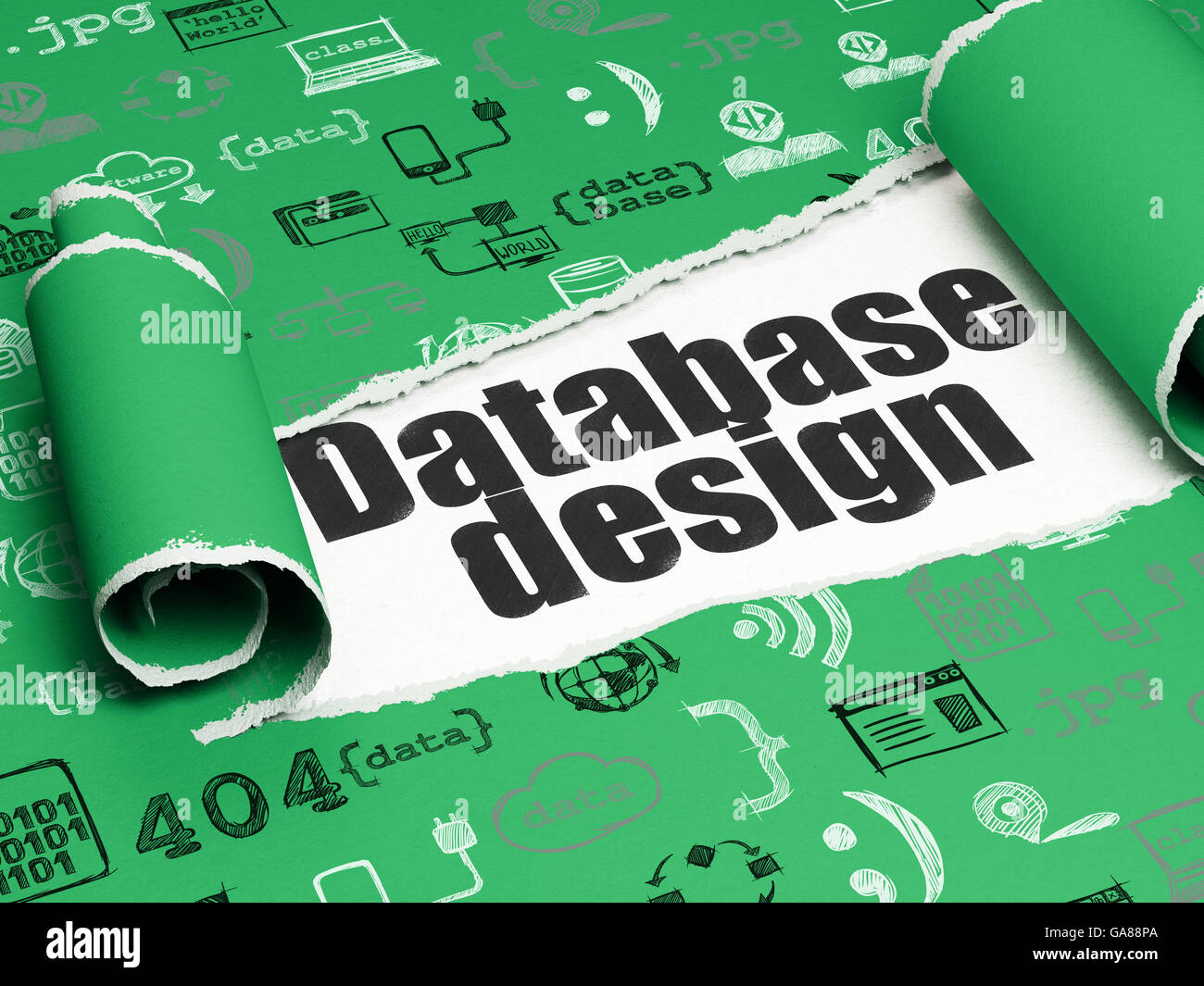 Database concept: black text Database Design under the piece of torn ...
