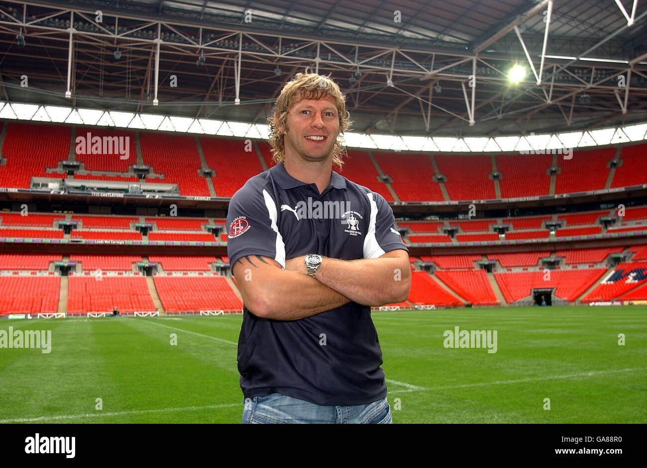 St Helens' Sean Long poses for the media during a walkabout at Wembley ...