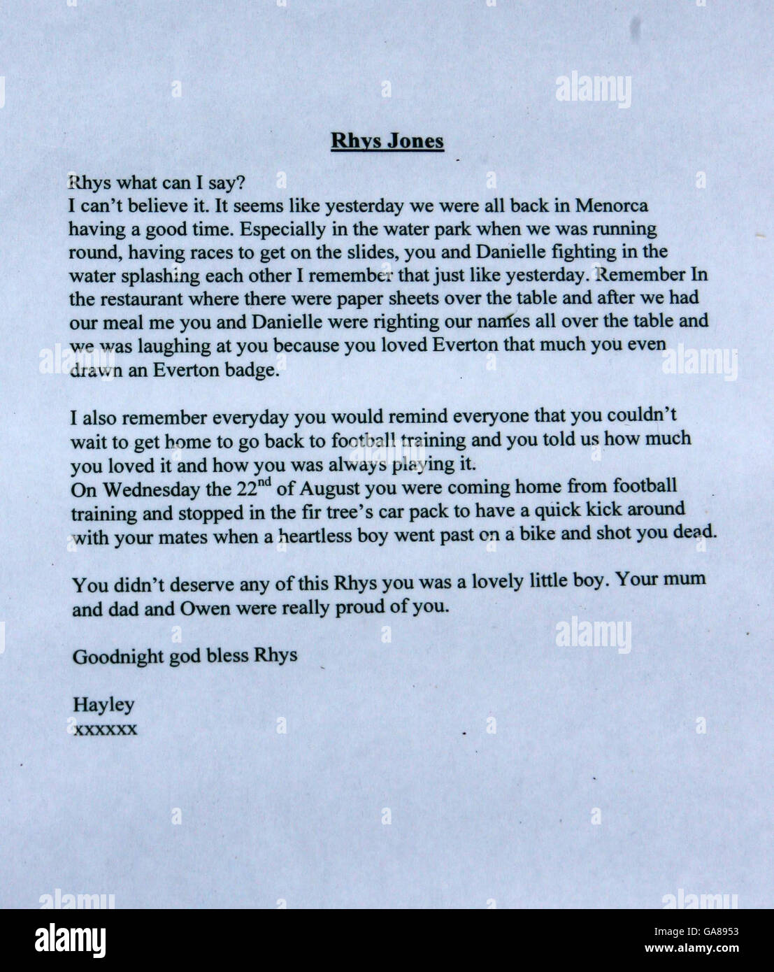 A tribute left at the scene of the shooting of Rhys Jones who was ...