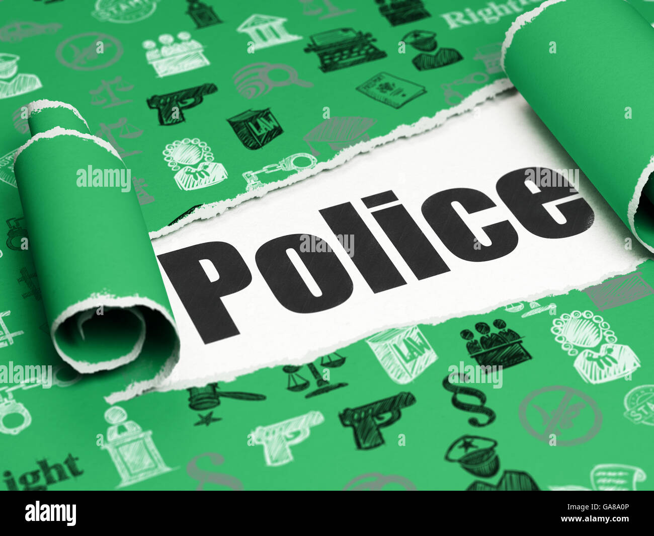 Law concept: black text Police under the piece of torn paper Stock ...